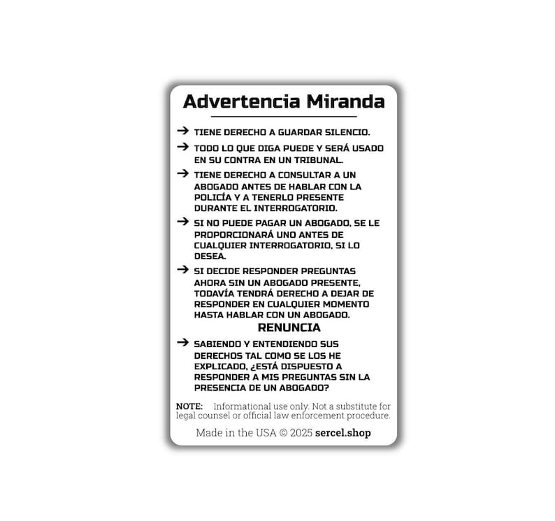 Miranda Warning Card in Spanish – Wallet/pocket Card – Know Your Rights ...
