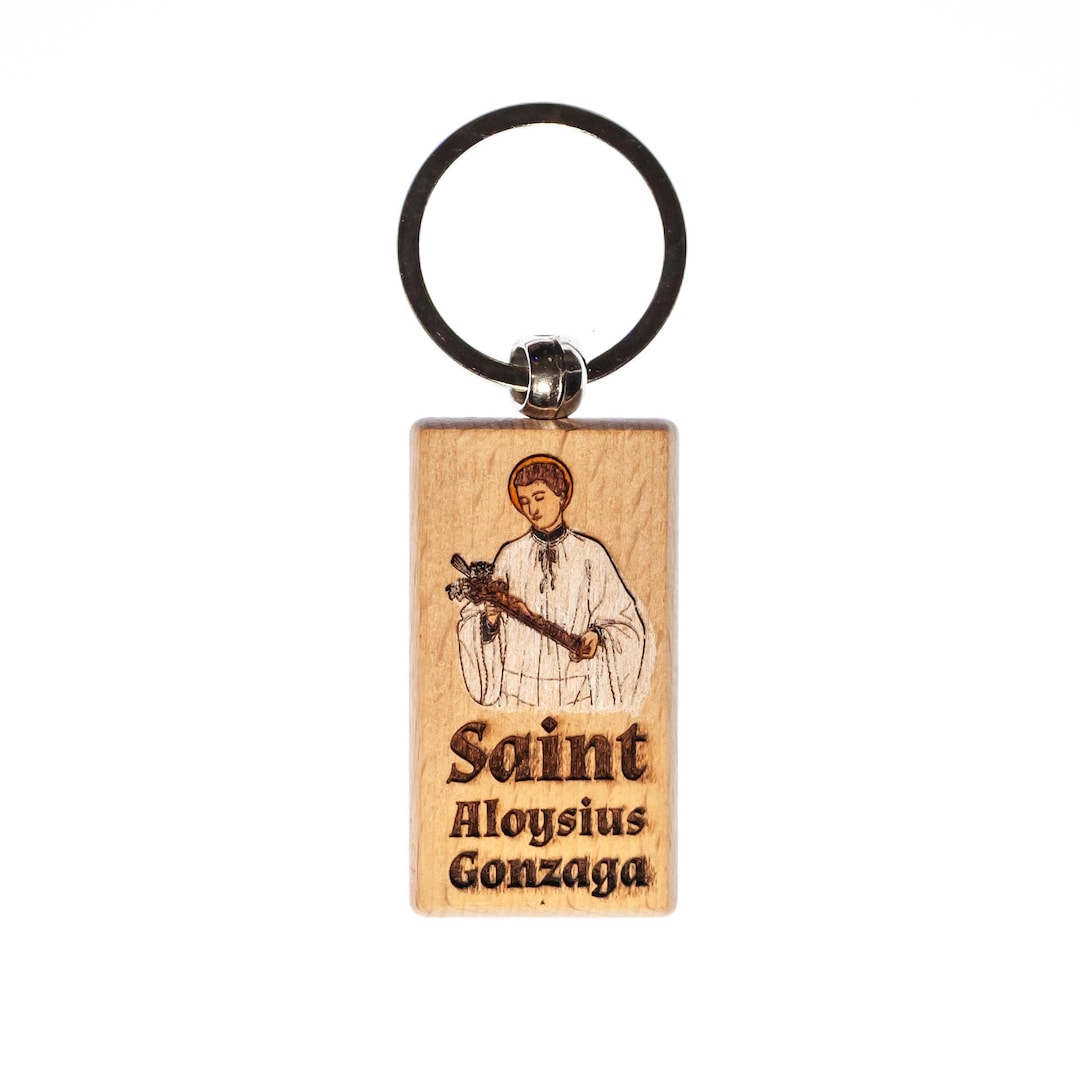 Saint Aloysius Gonzaga, Hand-colored, Solid Wood Keychain, Engraved in ...