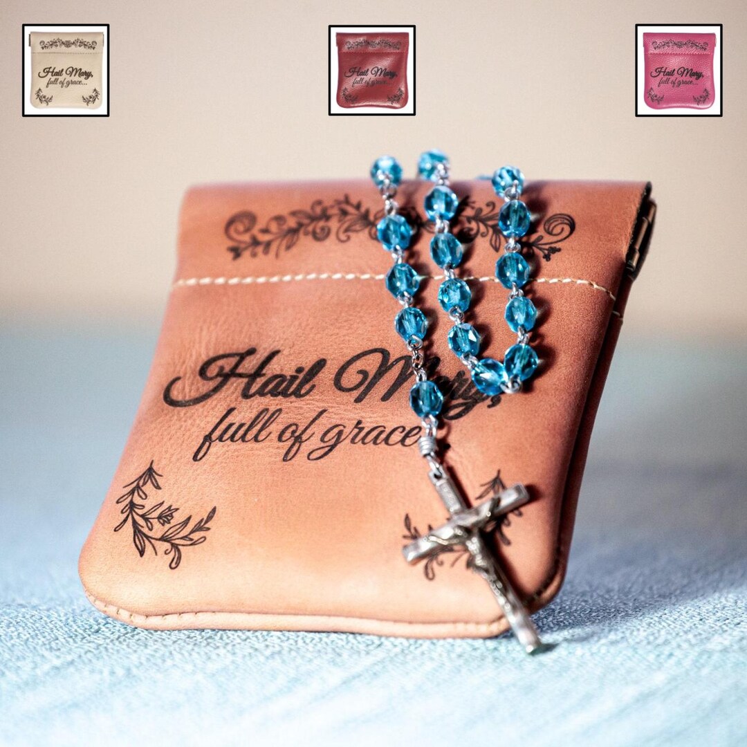 Hail Mary, Full of Grace, Genuine Leather Engraved Rosary Pouch ...