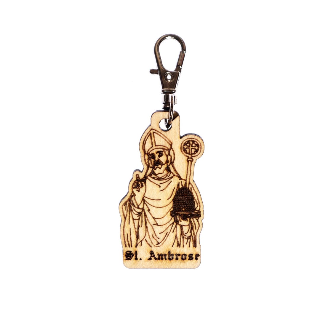 Saint Ambrose Engraved Wood Keychain With Clip for Keys, Backpack ...