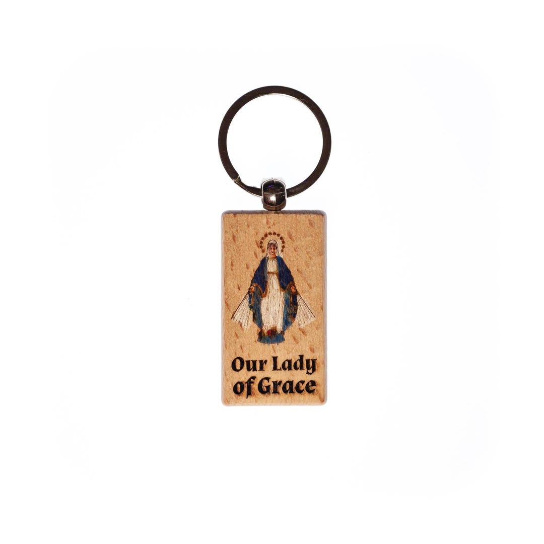 Our Lady of Grace, Hand-colored, Solid Wood Keychain, Engraved in the ...