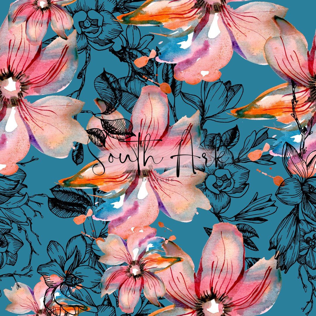Deep Teal Watercolor Floral Summer and Spring Seamless File digital ...