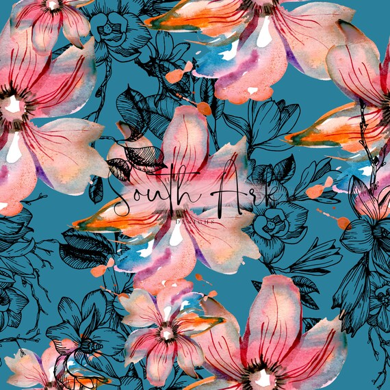 Deep Teal Watercolor Floral Summer and Spring Seamless File - Etsy