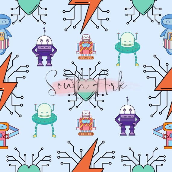 Gender Neutral Robots Heart Lightning Bolt Seamless File | Etsy