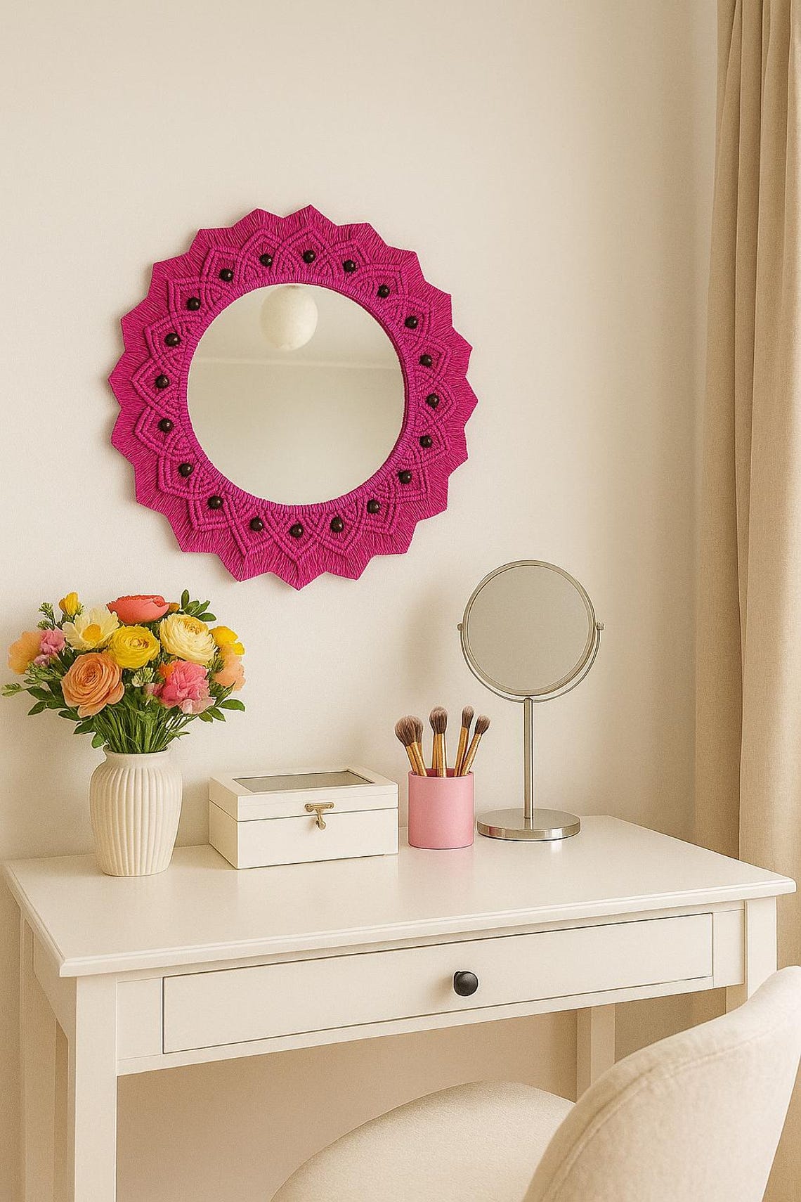 Boho Macramé Mirror Wall Hanging – Handmade Round Mirror With Bright ...