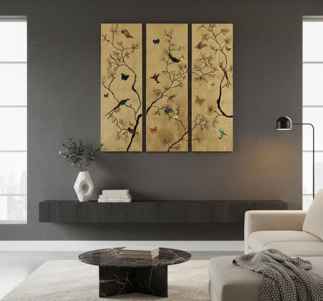 Golden Triptych Wall Art | Hand-painted Birds & Butterflies | Three ...