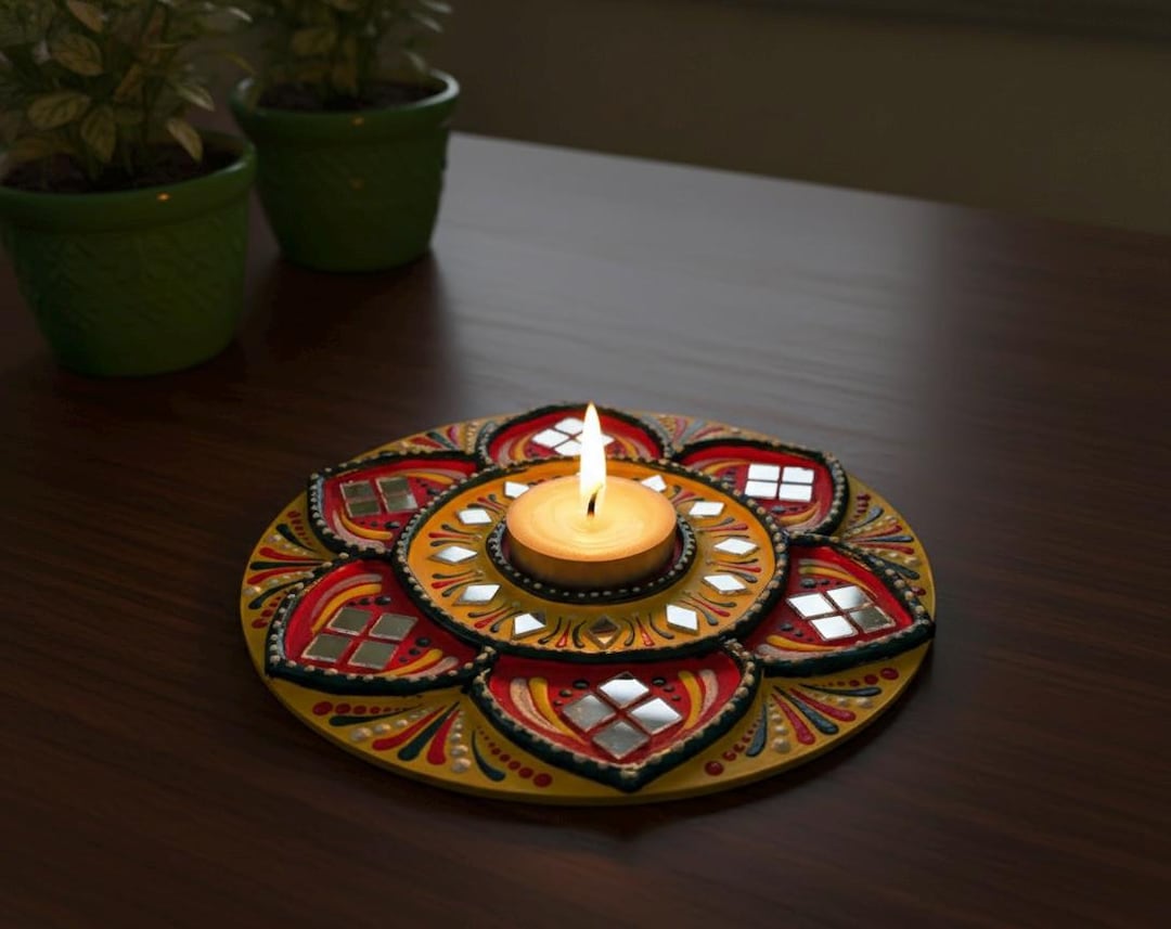 Hand Painted Diya Holder | Rajasthani Mirror Work Tea Light ...