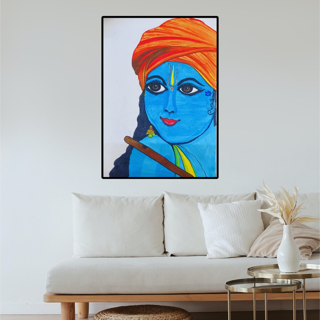 Lord Krishna Painting on Canvas, Livingroom Decor, Hindu Wall Art ...