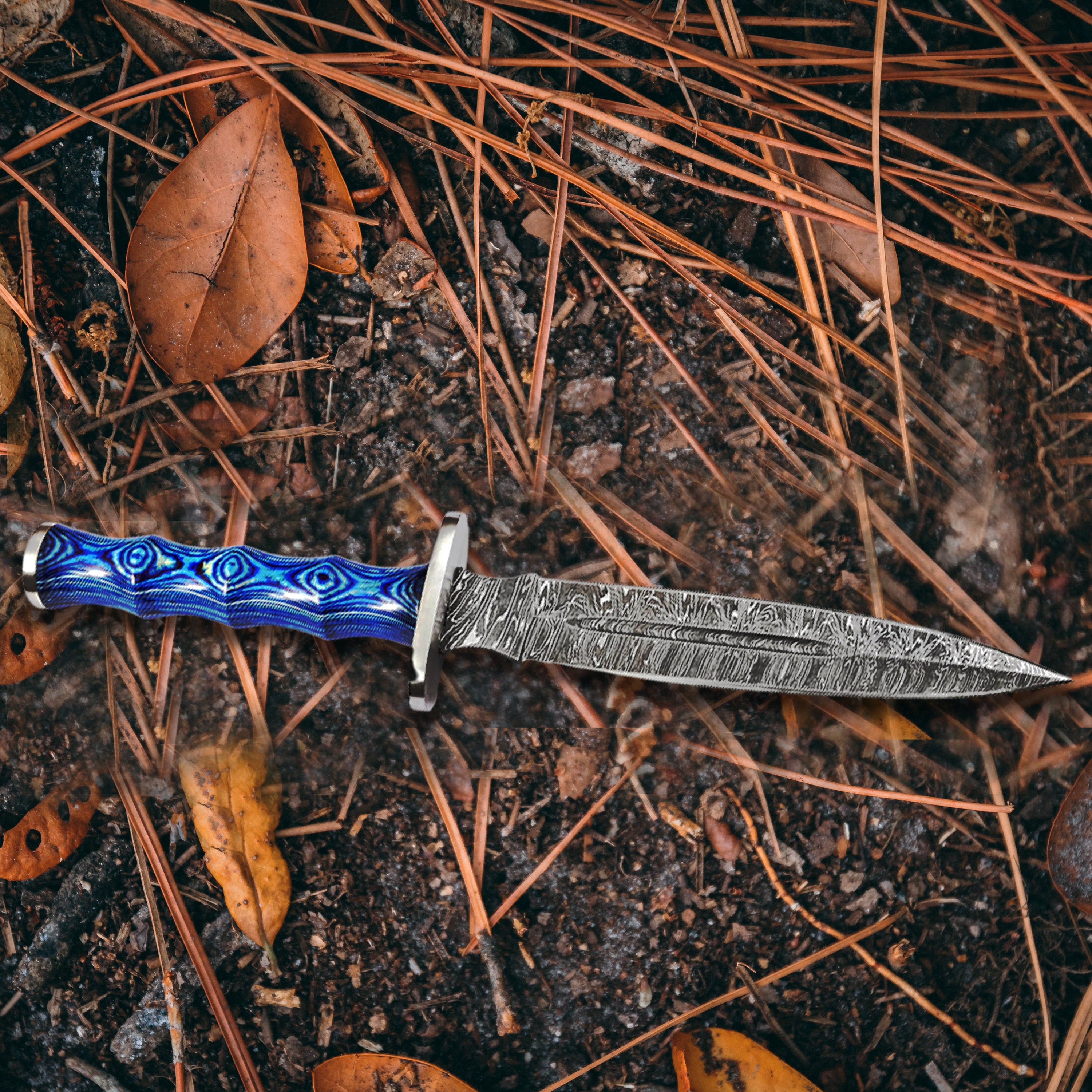 Cult Dagger Blue Wood Handmade Forged Damascus Steel Fixed Blade Dagger ...