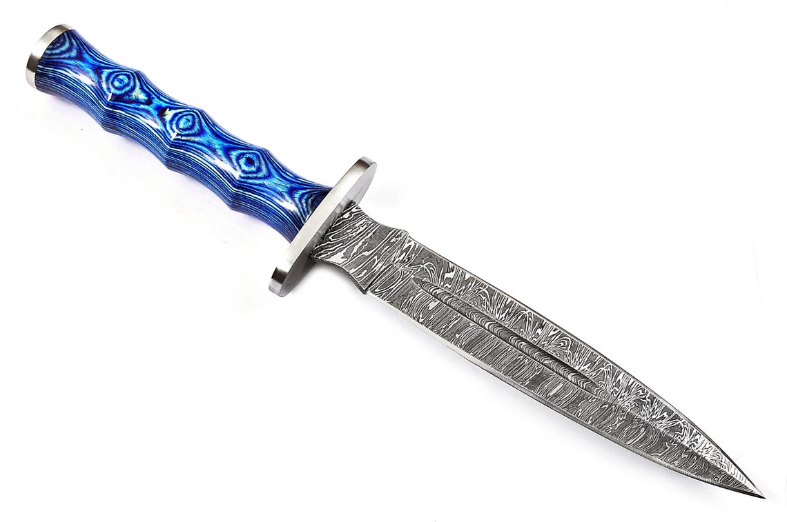 Cult Dagger Blue Wood Handmade Forged Damascus Steel Fixed Blade Dagger ...