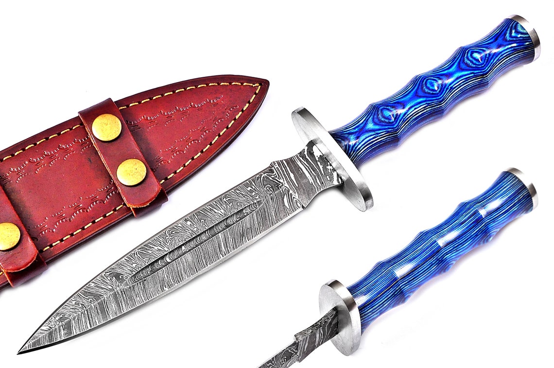 Cult Dagger Blue Wood Handmade Forged Damascus Steel Fixed Blade Dagger ...