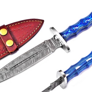 Cult Dagger Blue Wood Handmade Forged Damascus Steel Fixed Blade Dagger ...