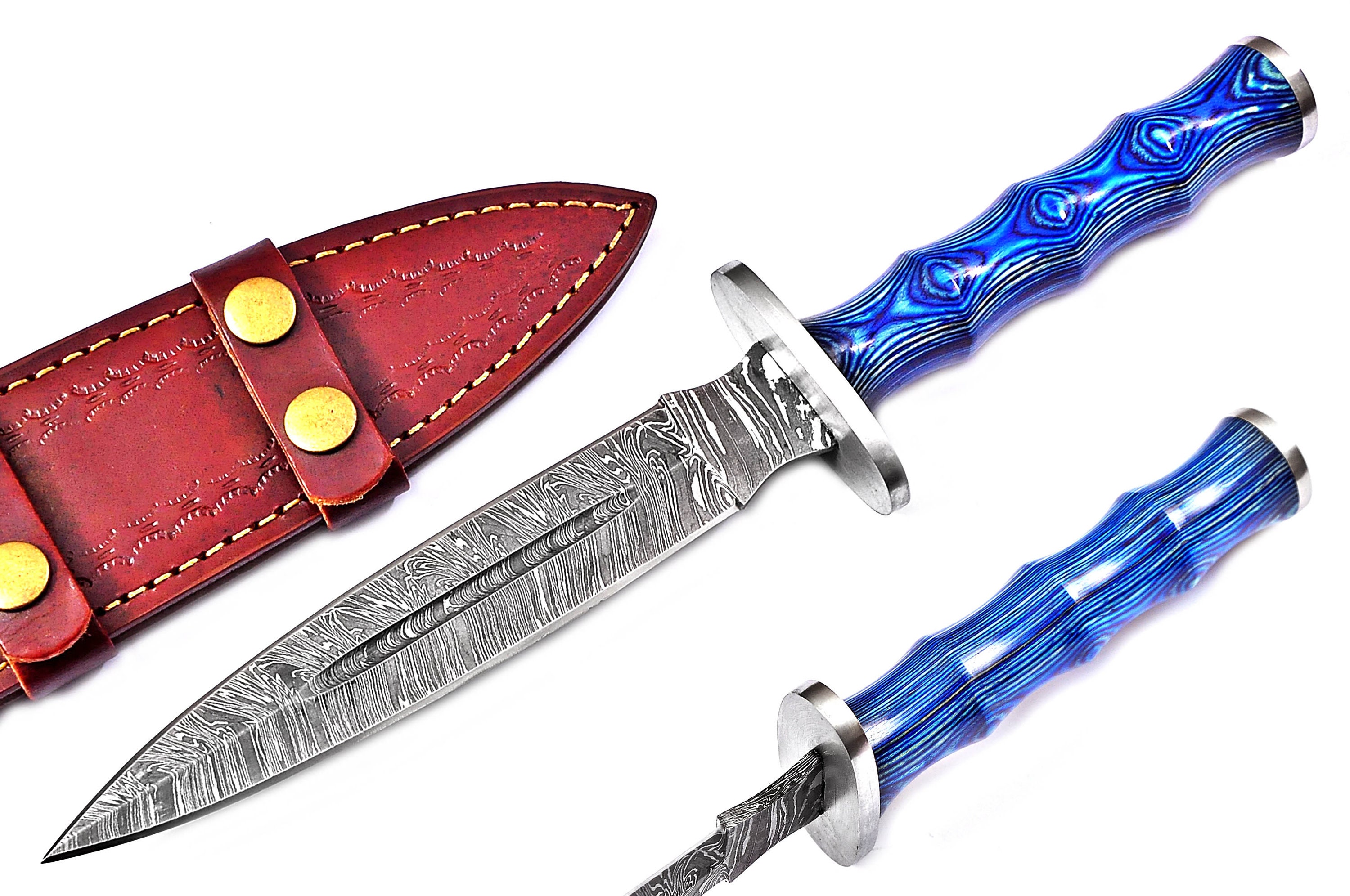 Cult Dagger Blue Wood Handmade Forged Damascus Steel Fixed Blade Dagger ...