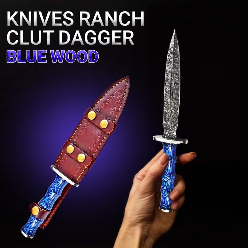 Cult Dagger Blue Wood Handmade Forged Damascus Steel Fixed Blade Dagger ...