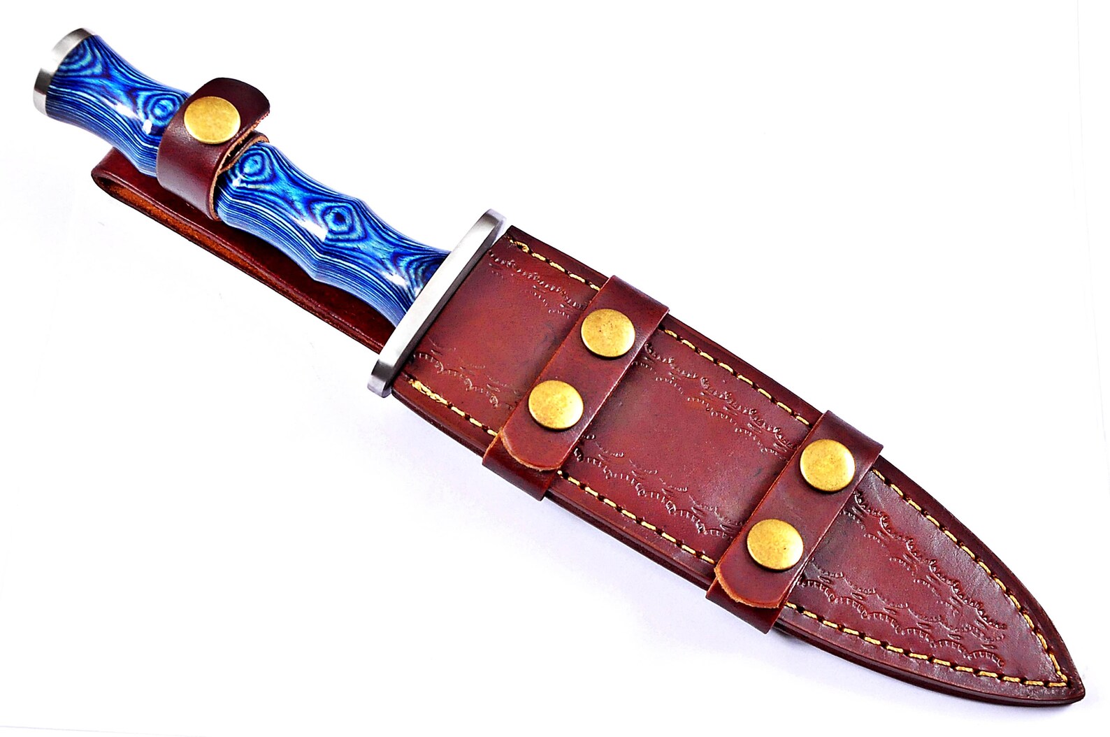 Handmade Forged Damascus Steel Dagger – Blue Wood Handle, Leather ...