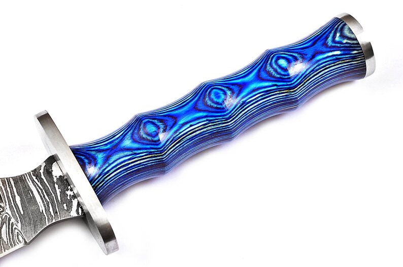Handmade Forged Damascus Steel Dagger – Blue Wood Handle, Leather ...