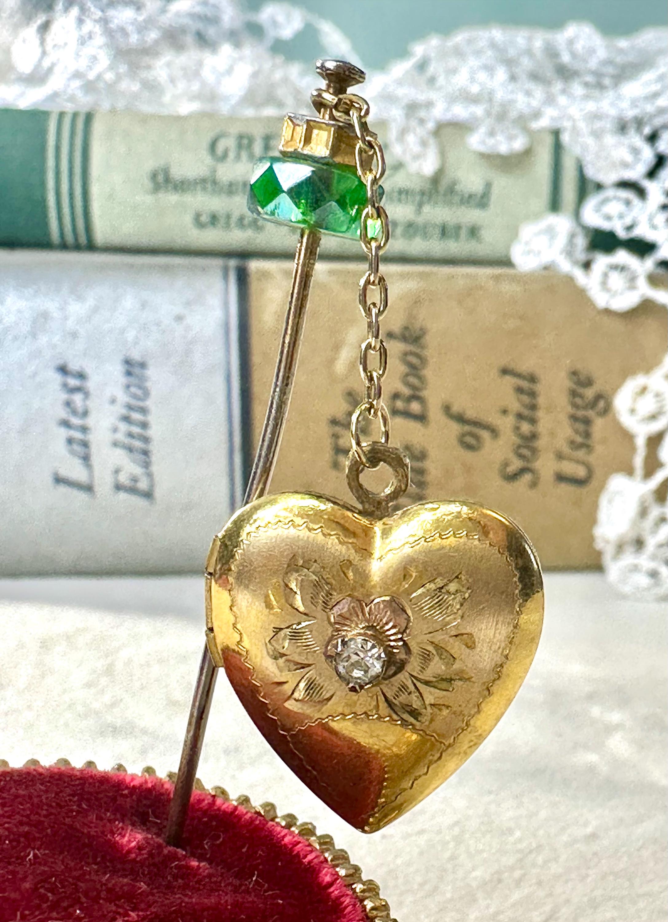 Mid-century 12k Gold Filled Heart Locket Dangling From Lapel Stick Pin ...