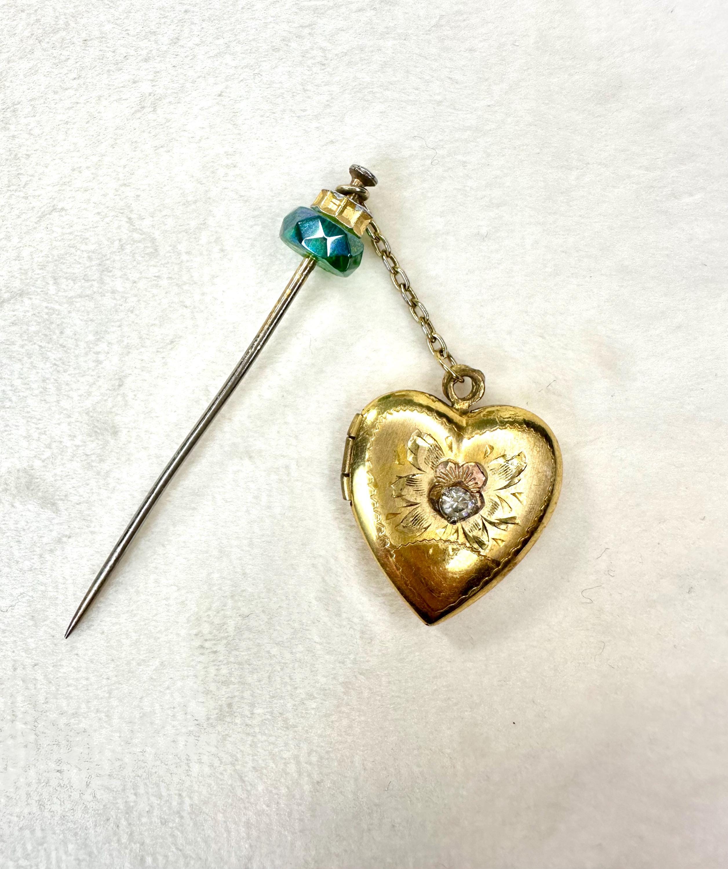 Mid-century 12k Gold Filled Heart Locket Dangling From Lapel Stick Pin ...