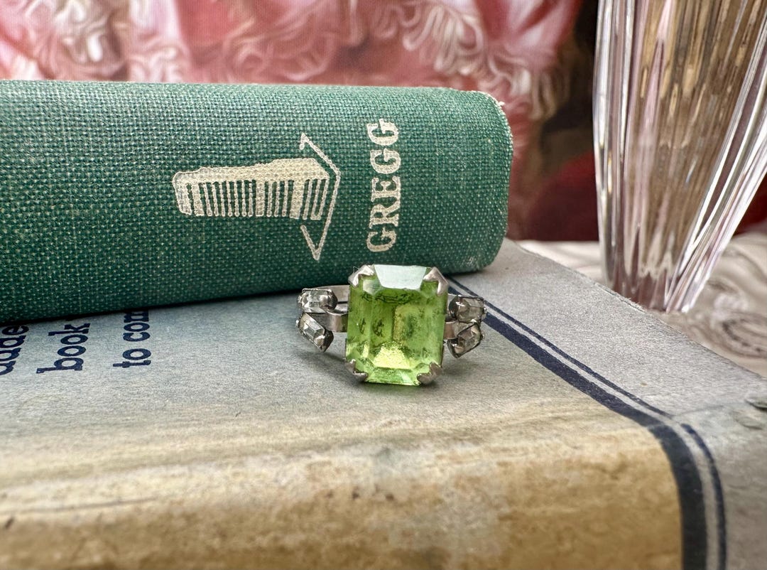 1954 Uranium Glass Silver Ring W Glass Diamonds Size 6 Patented Signed ...