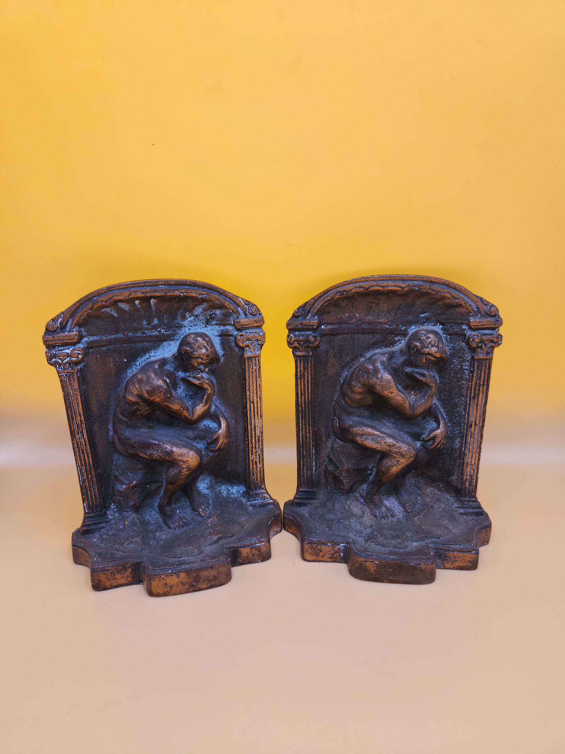 Vintage Cast Iron "the Thinker" Bookends, Coppertone Patina - Etsy