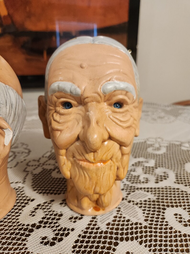 Vintage Ceramic Face Molds of Elder Man and Woman Halloween Decor Dolls ...
