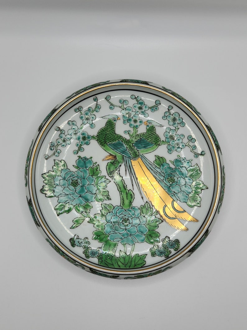 1970s Hand Painted Japanese Green and Gold Imari Peacock Catchall Bowl ...