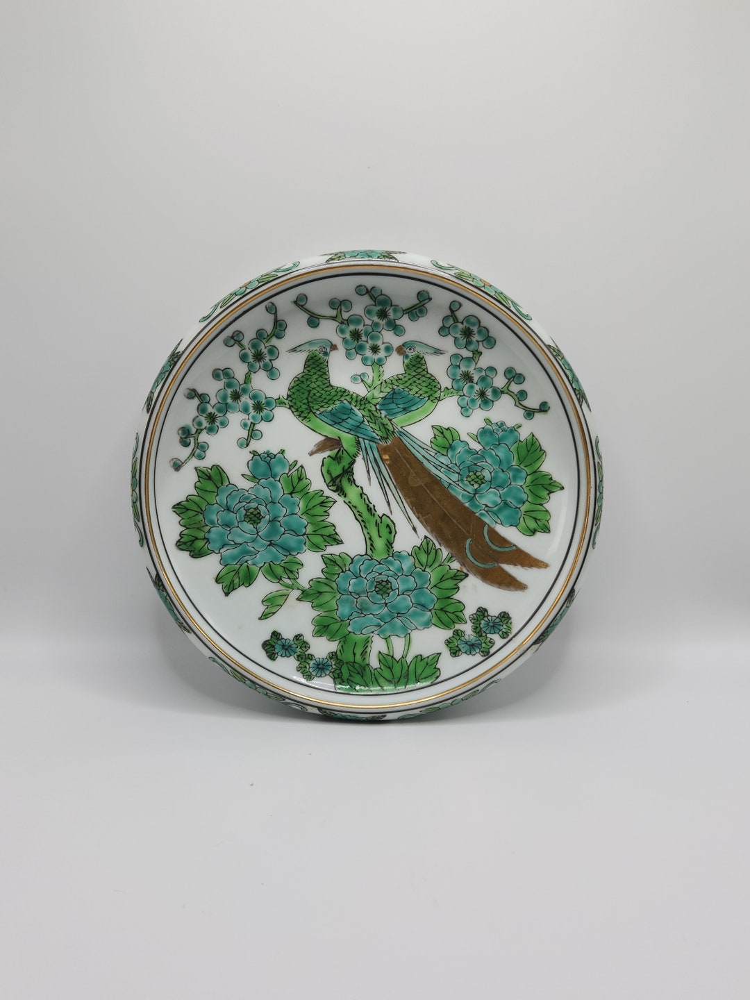 1970s Hand Painted Japanese Green and Gold Imari Peacock Catchall Bowl ...