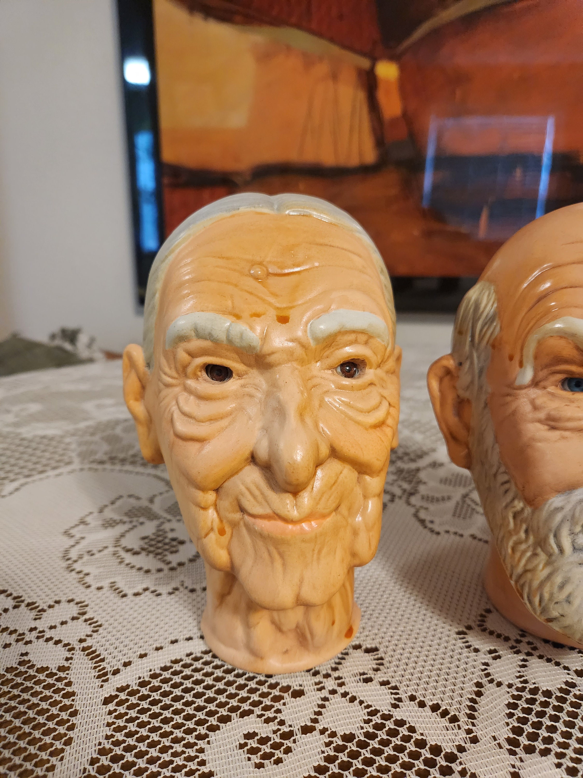 Vintage Ceramic Face Molds of Elder Man and Woman Halloween Decor Dolls ...