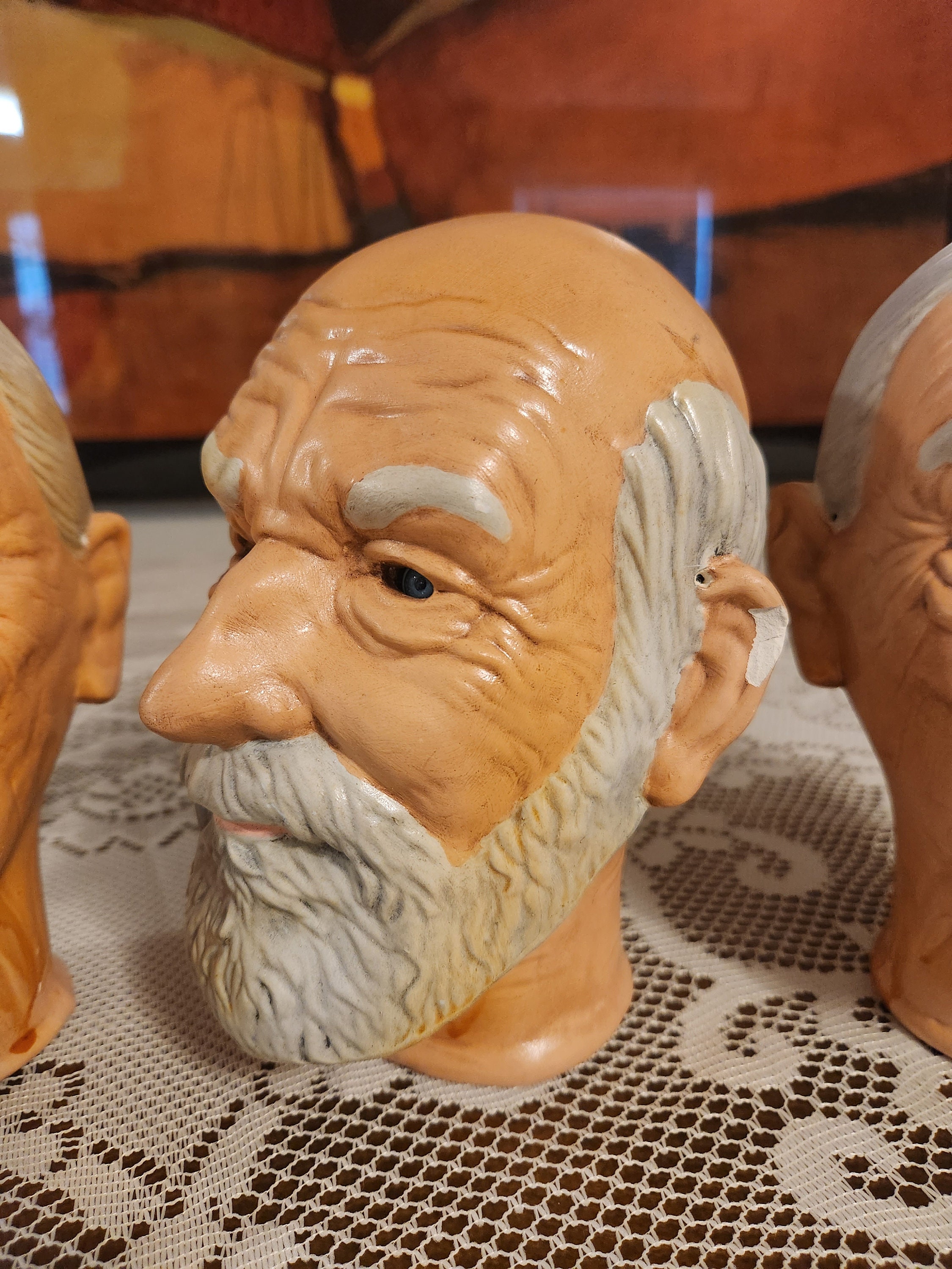 Vintage Ceramic Face Molds of Elder Man and Woman Halloween Decor Dolls ...