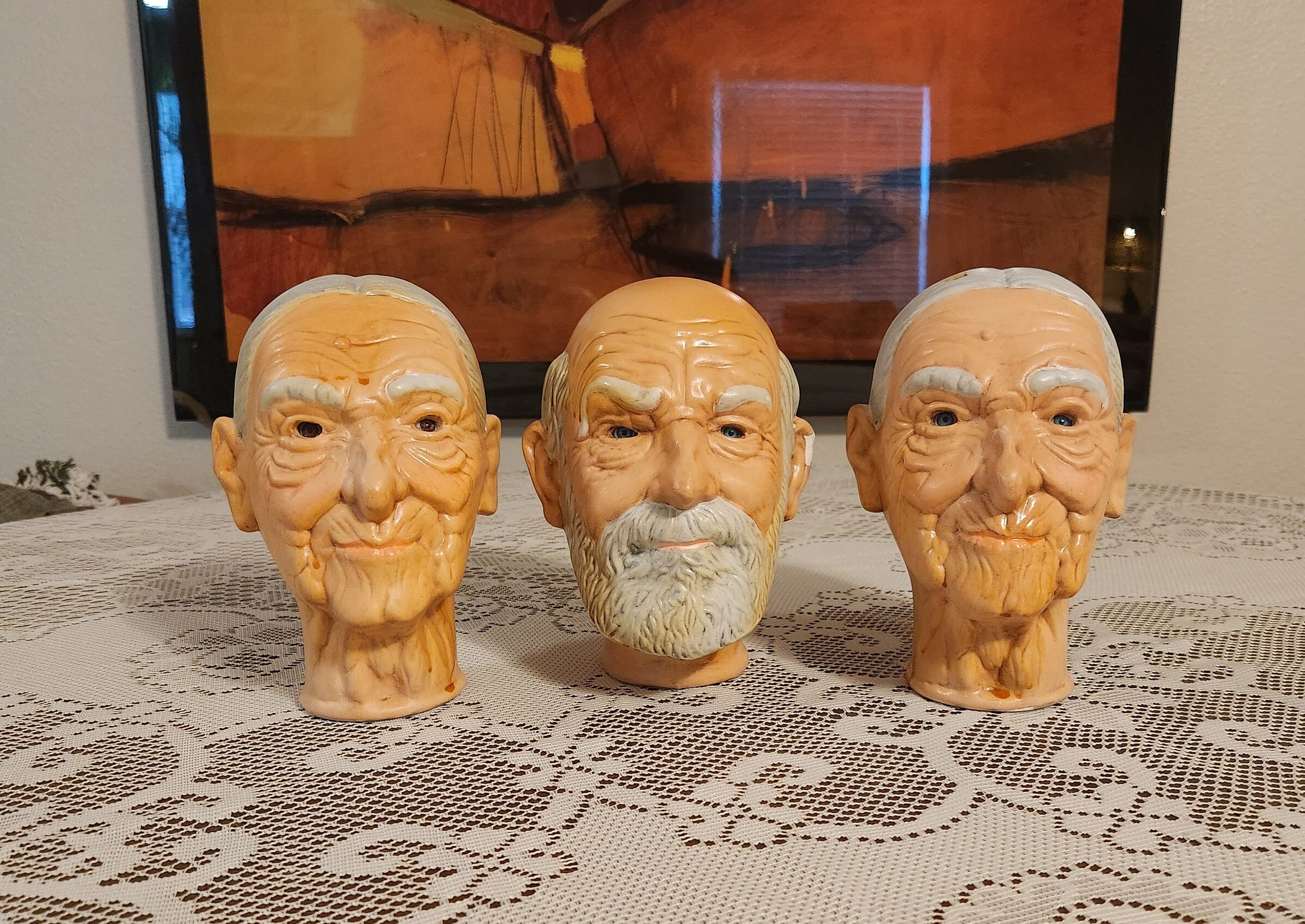 Vintage Ceramic Face Molds of Elder Man and Woman Halloween Decor Dolls ...