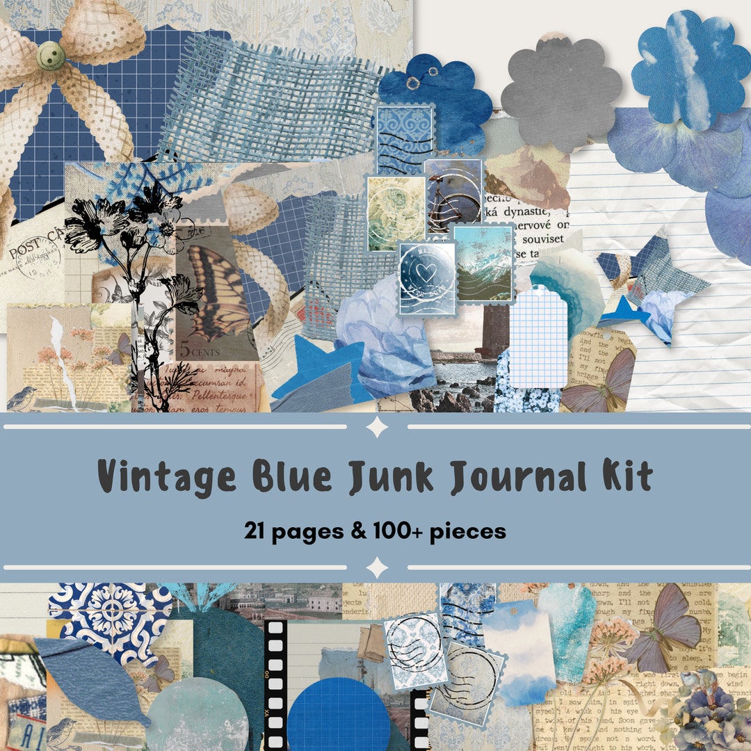 Vintage Blue Junk Journal Kit, Printable Ephemera, Digital Scrapbooking ...