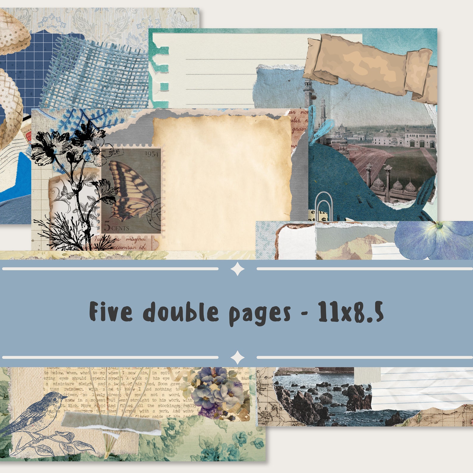 Vintage Blue Junk Journal Kit, Printable Ephemera, Digital Scrapbooking ...