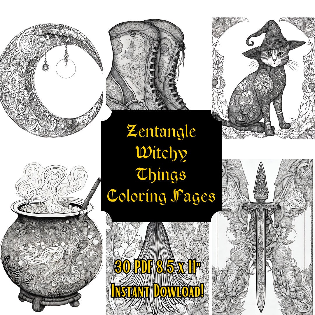 Witchy Things Zentangle Digital Coloring Book | Relaxing Coloring Pages ...