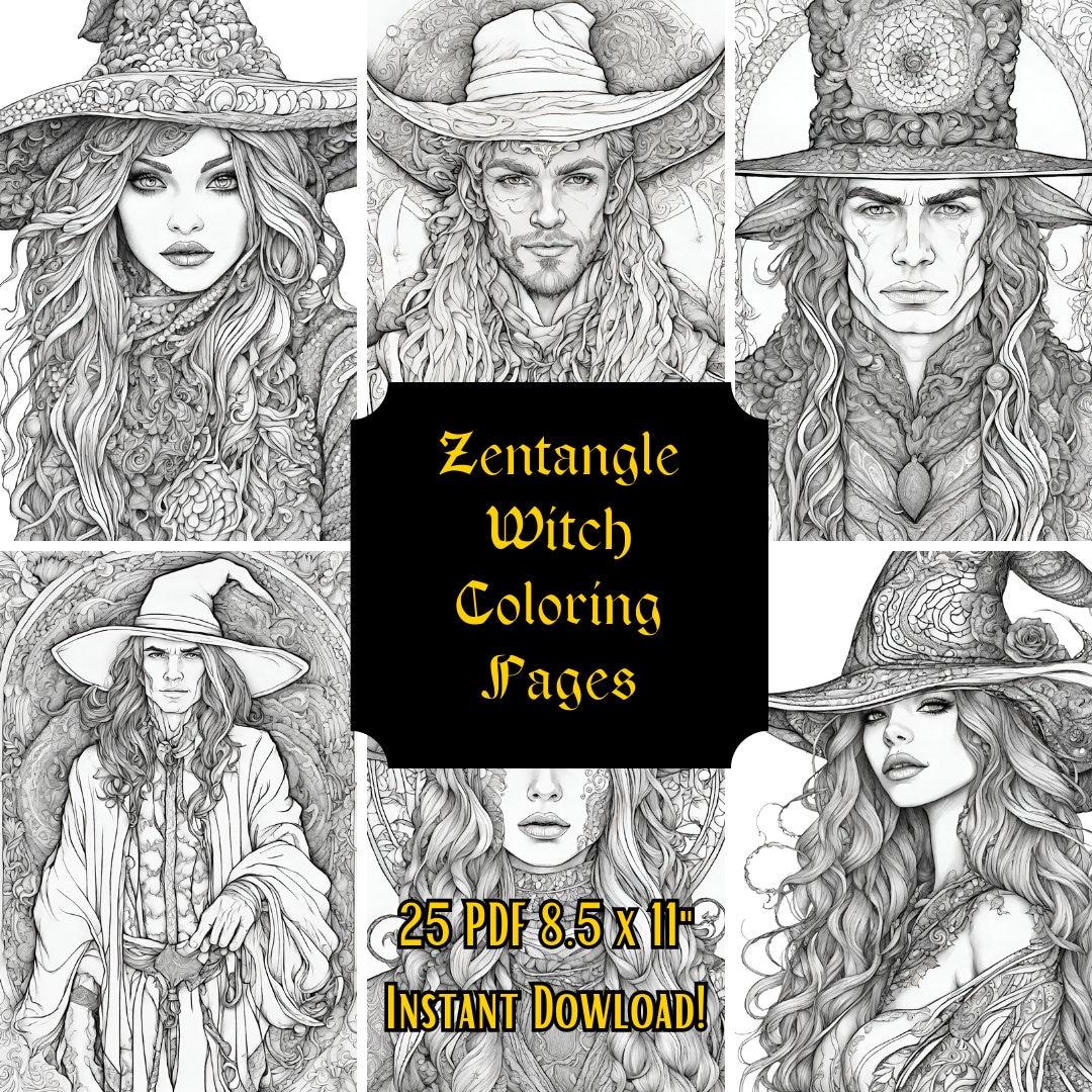 Zentangle Witch Male Female Coloring Book | Witch Coloring Pages - Etsy
