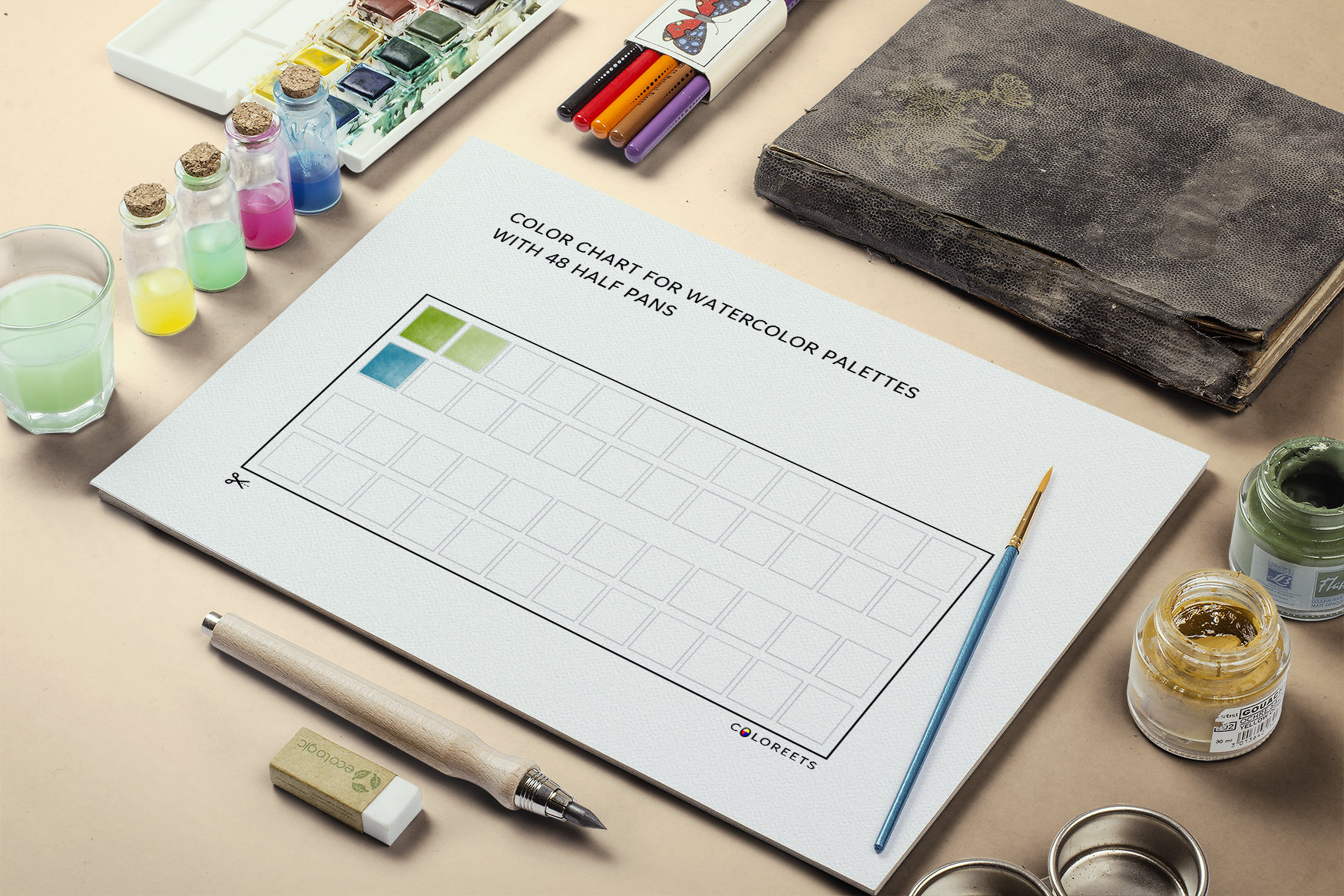 Color Chart Inlay for Watercolor Palette With 48 Half Pans (printable ...
