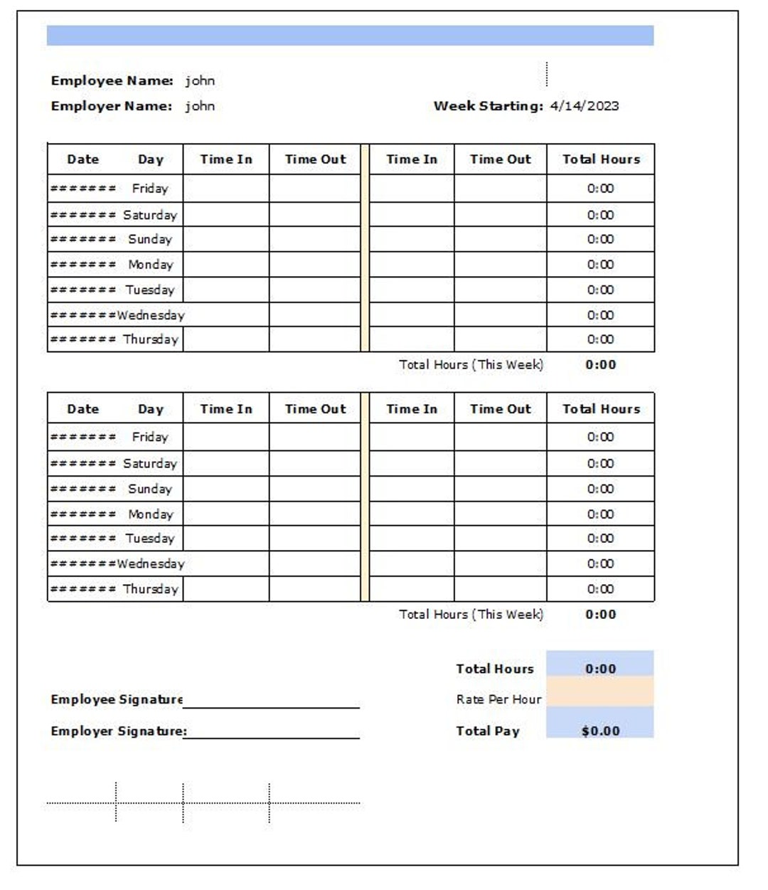 Bi-weekly Employee Timesheet Template excel - Etsy UK