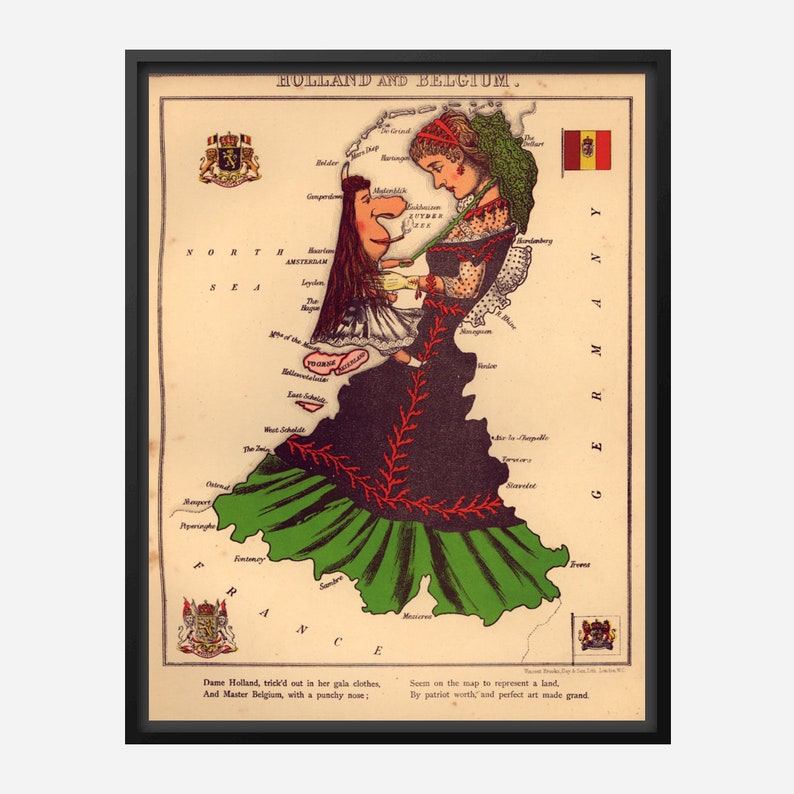Holland & Belgium Vintage Europe Anthropomorphic Map as a Digital Image ...