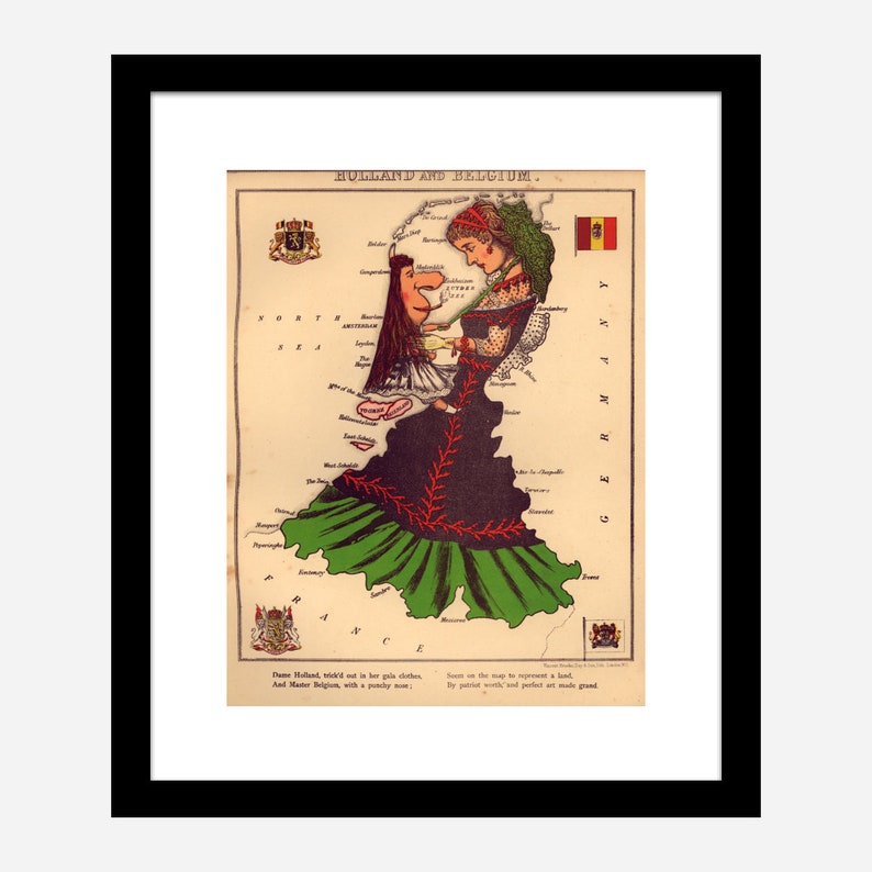 Holland & Belgium Vintage Europe Anthropomorphic Map as a Digital Image ...