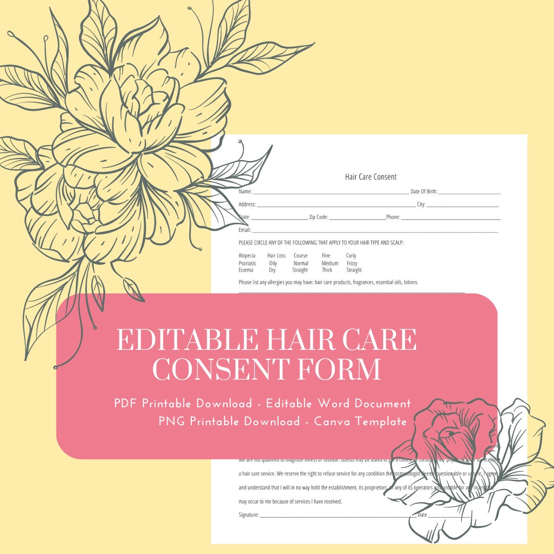 Hair Care Consent Form for Cosmetologists, Salon Intake Forms, Consent ...