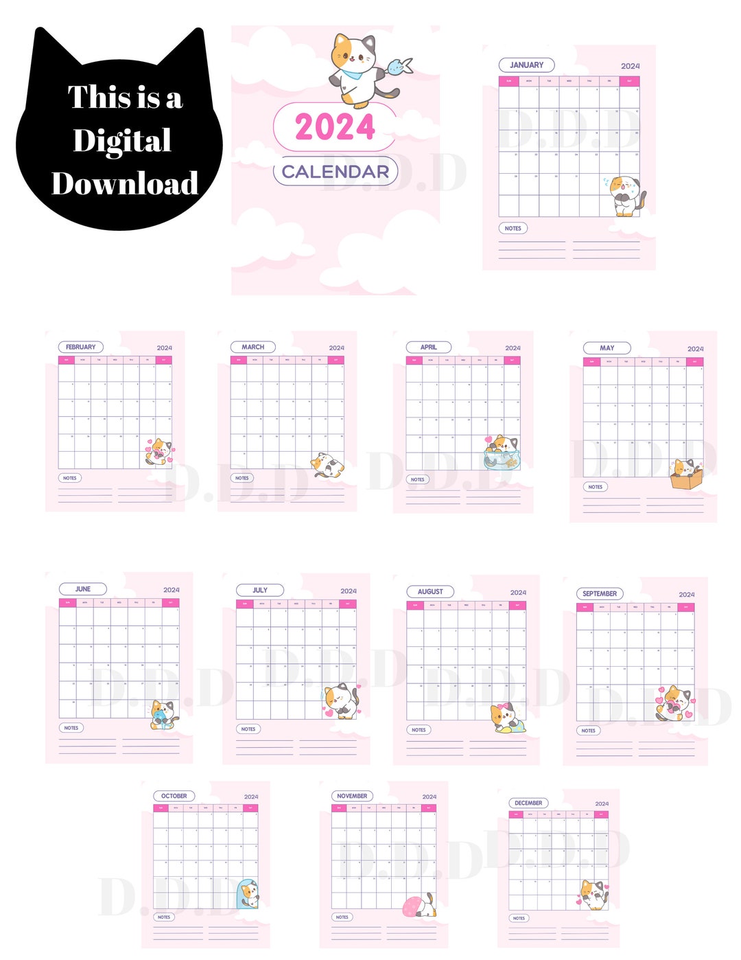 2024 Calendar Printable Cat Calendar Calendar Stay Organized Desk ...