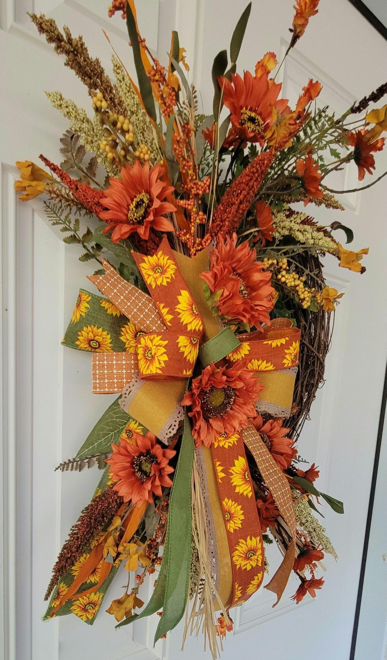 Handmade Fall Harvest Floral Wreath With Sunflowers and Ribbons, Autumn ...