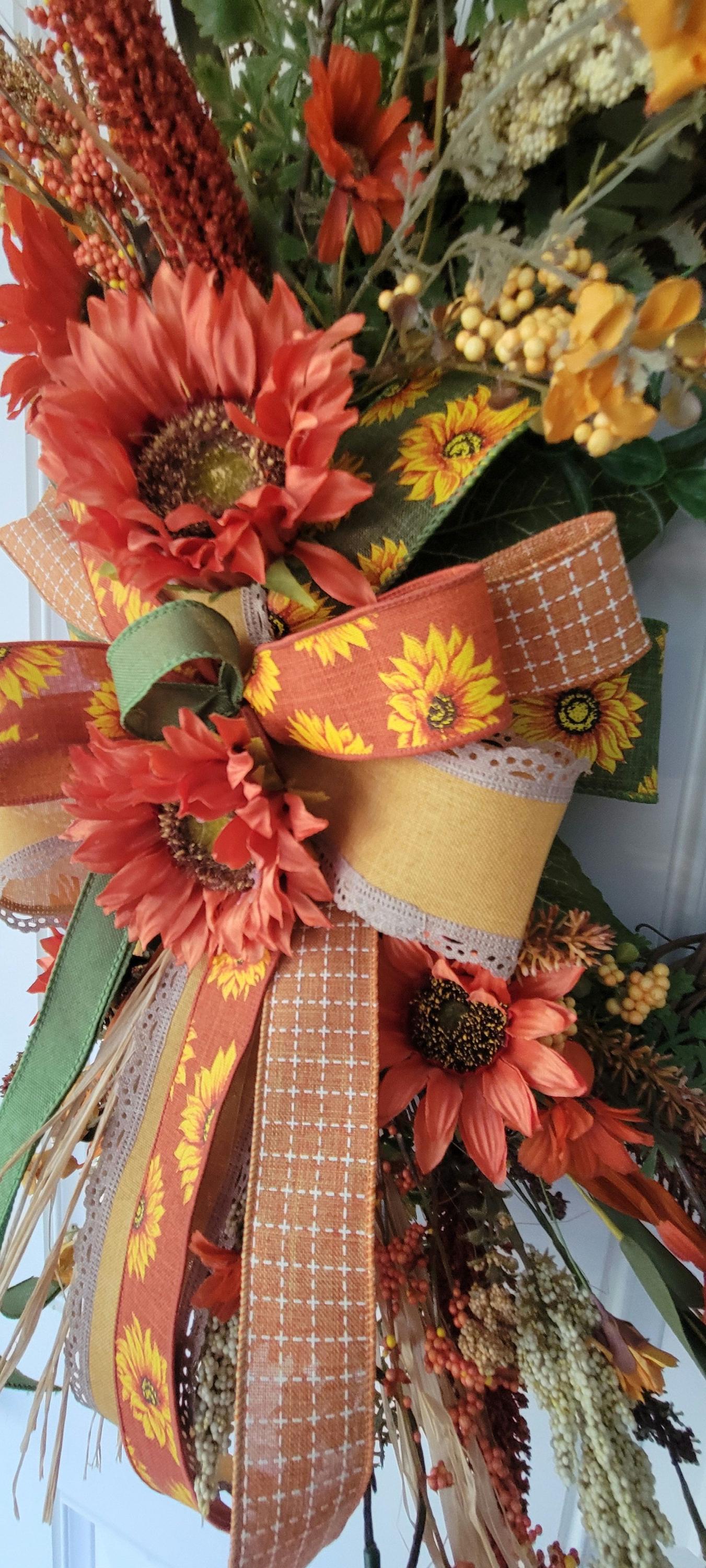 Handmade Fall Harvest Floral Wreath With Sunflowers and Ribbons, Autumn ...