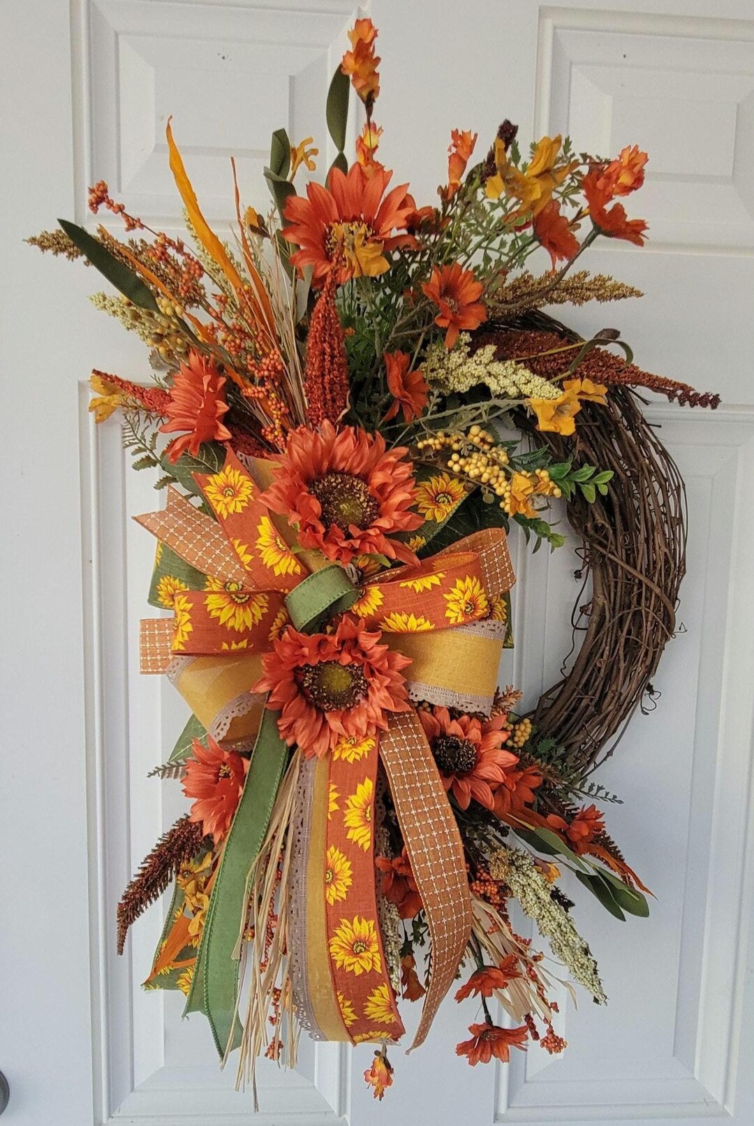 Handmade Fall Harvest Floral Wreath With Sunflowers and Ribbons, Autumn ...