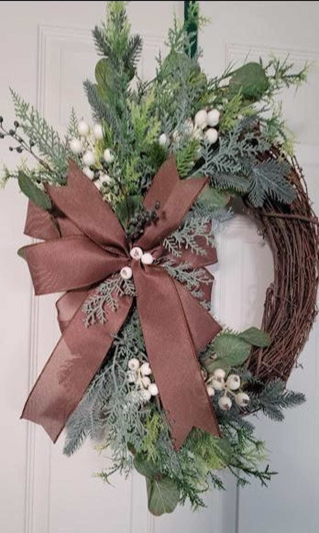 Rustic Winter Greenery Wreath With Brown Ribbon - Etsy