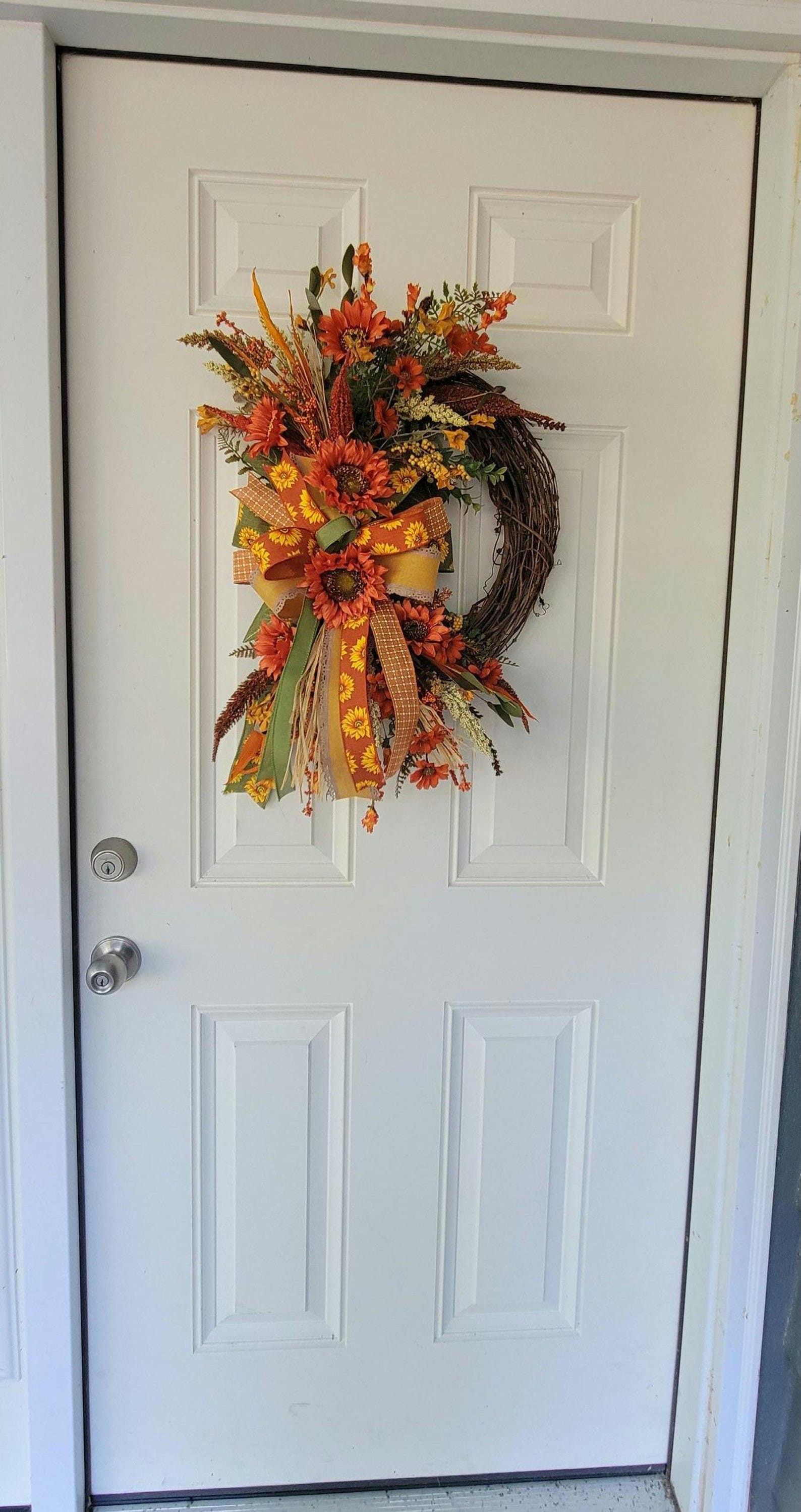 Handmade Fall Harvest Floral Wreath With Sunflowers and Ribbons, Autumn ...