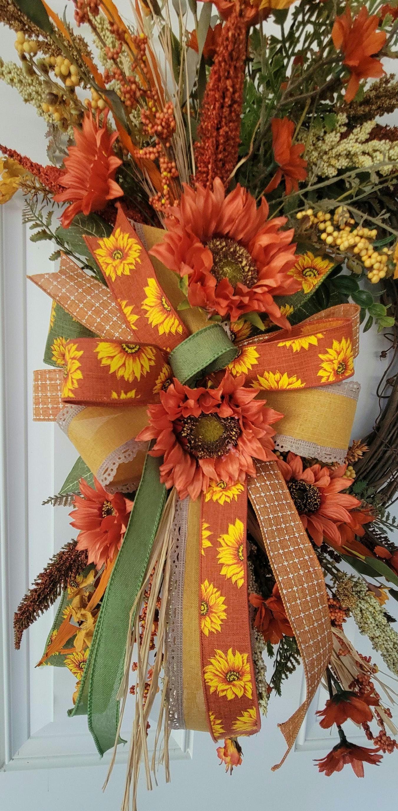 Handmade Fall Harvest Floral Wreath With Sunflowers and Ribbons, Autumn ...