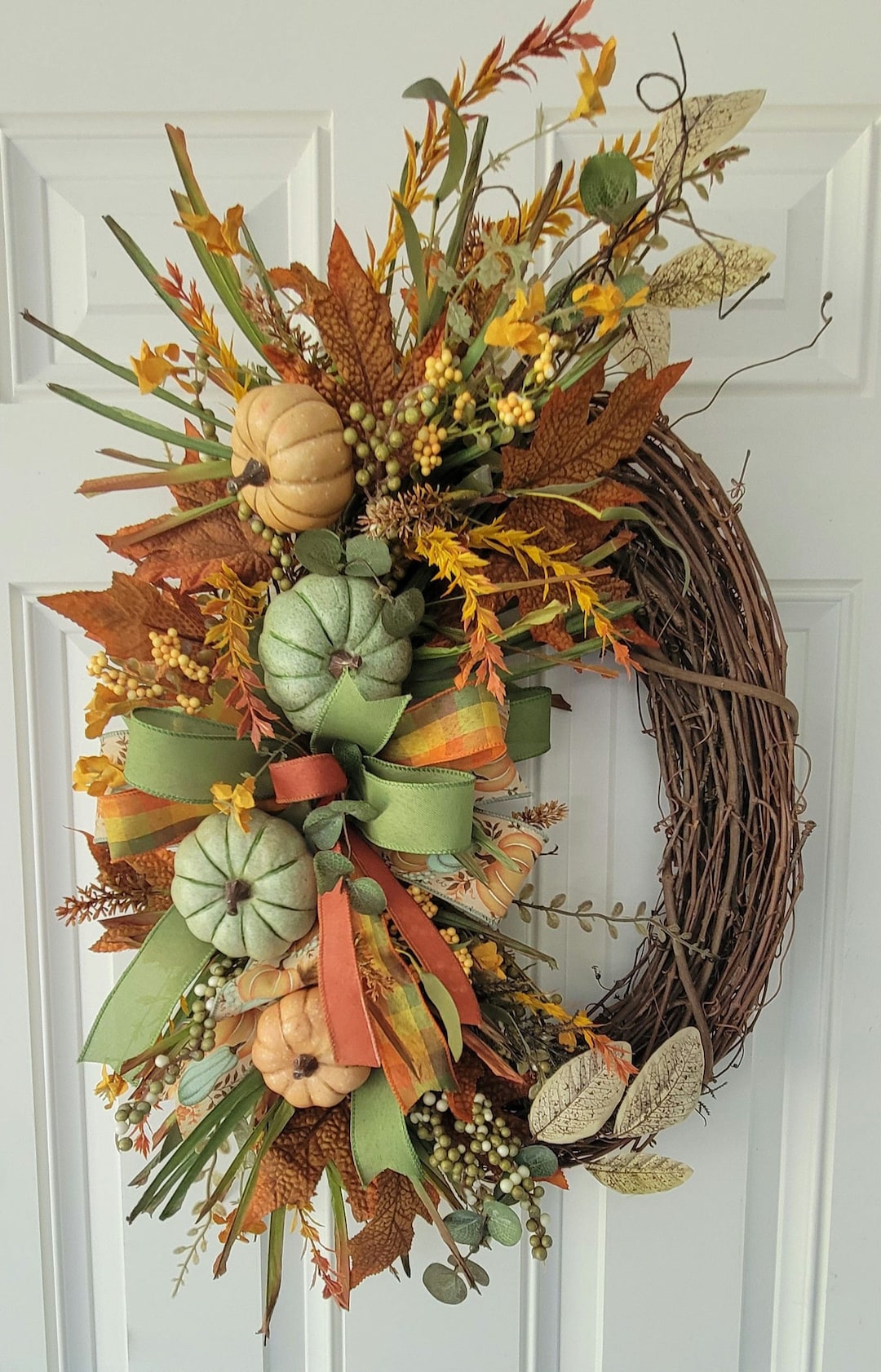 Handmade Autumn Harvest Wreath, Fall Door Decor With Pumpkins and ...
