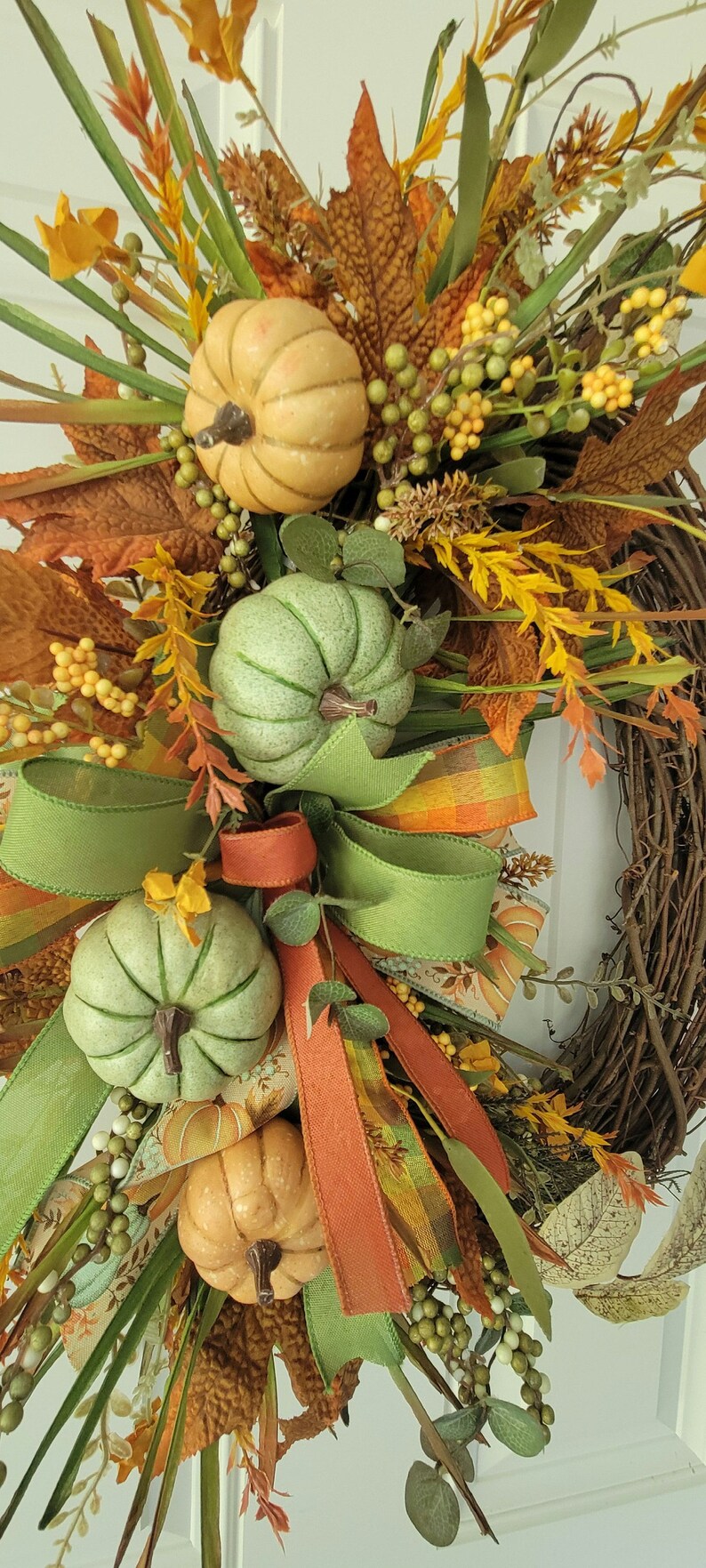 Handmade Autumn Harvest Wreath, Fall Door Decor With Pumpkins and ...