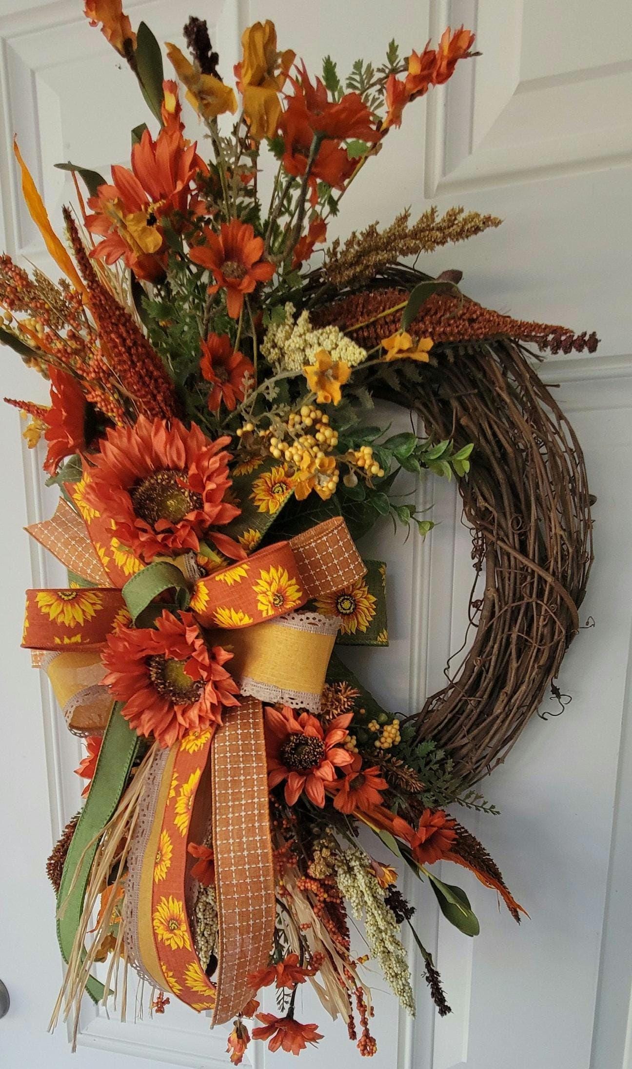 Handmade Fall Harvest Floral Wreath With Sunflowers and Ribbons, Autumn ...