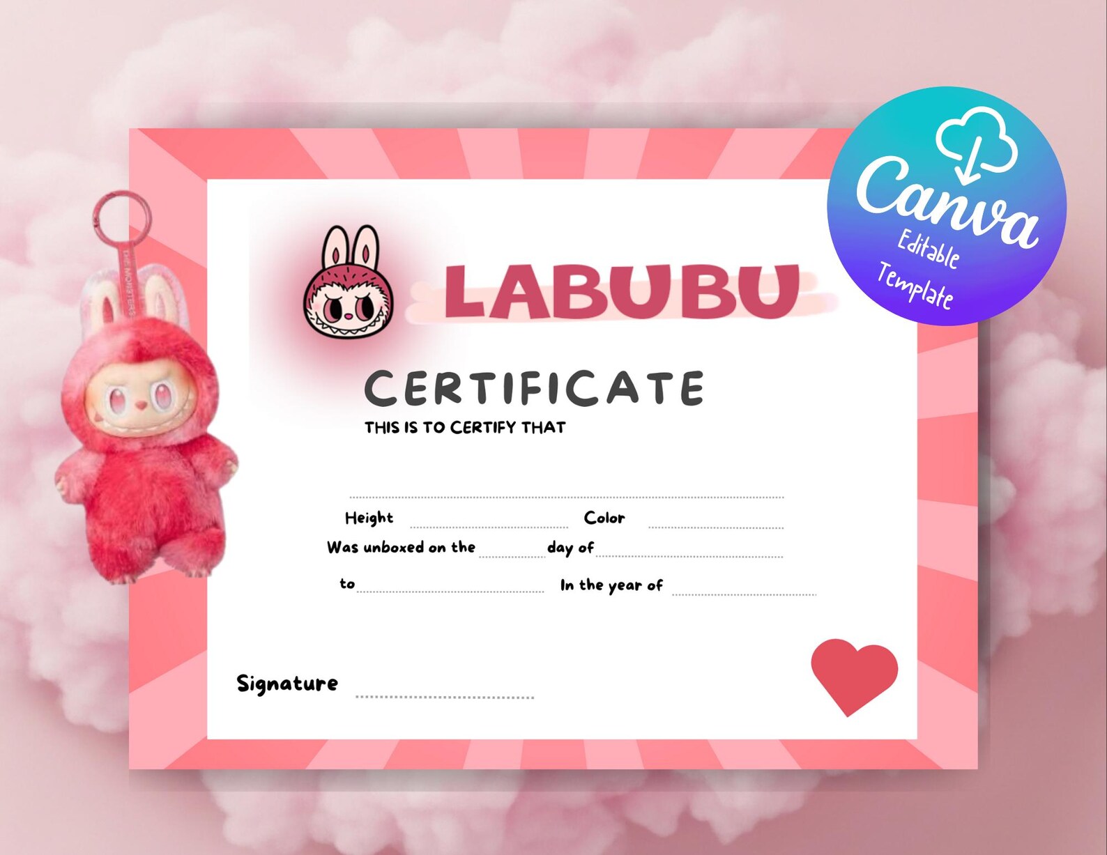 Digital Labubu Birth Certificate & Wallart Editable and Personalized ...